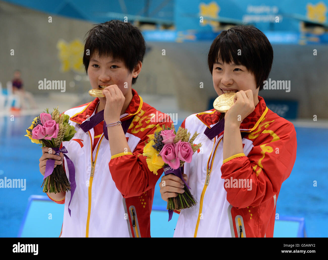 China's Chen Ruolin and Wang Hao with their Gold medals from the Women ...