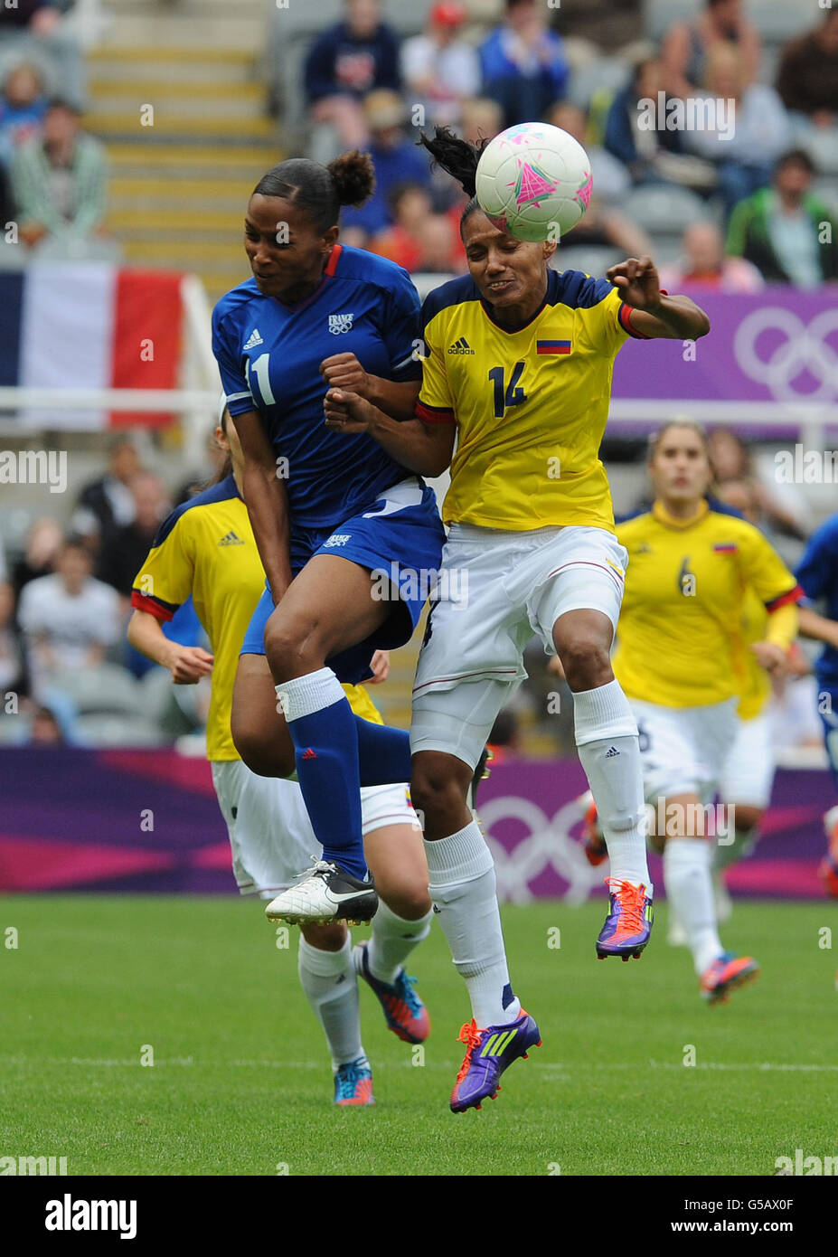 France's Marie-Laure Delie (left) and Colombia's Kelis Peduzine battle ...