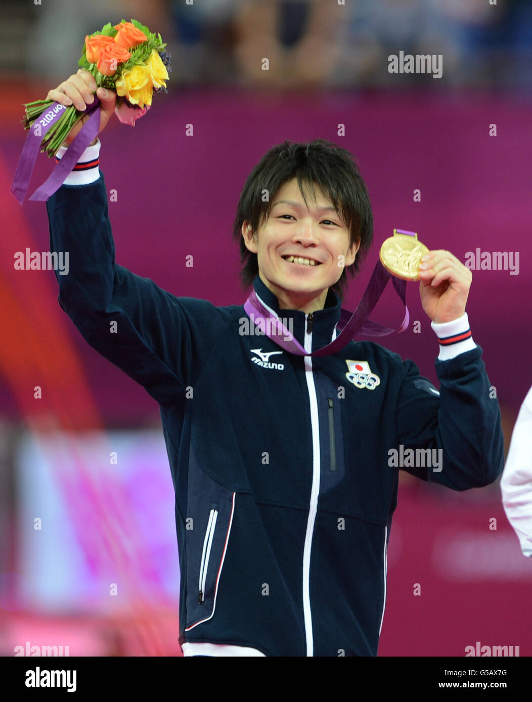 Japan's Kohei Uchimura celebrates after winning gold during the ...