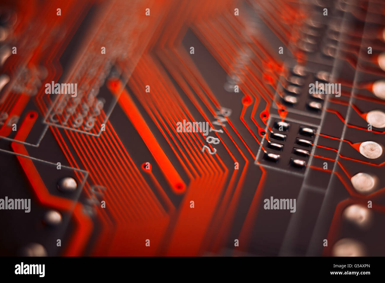 Bokeh electronic circuit close up computer in red colors Stock Photo ...