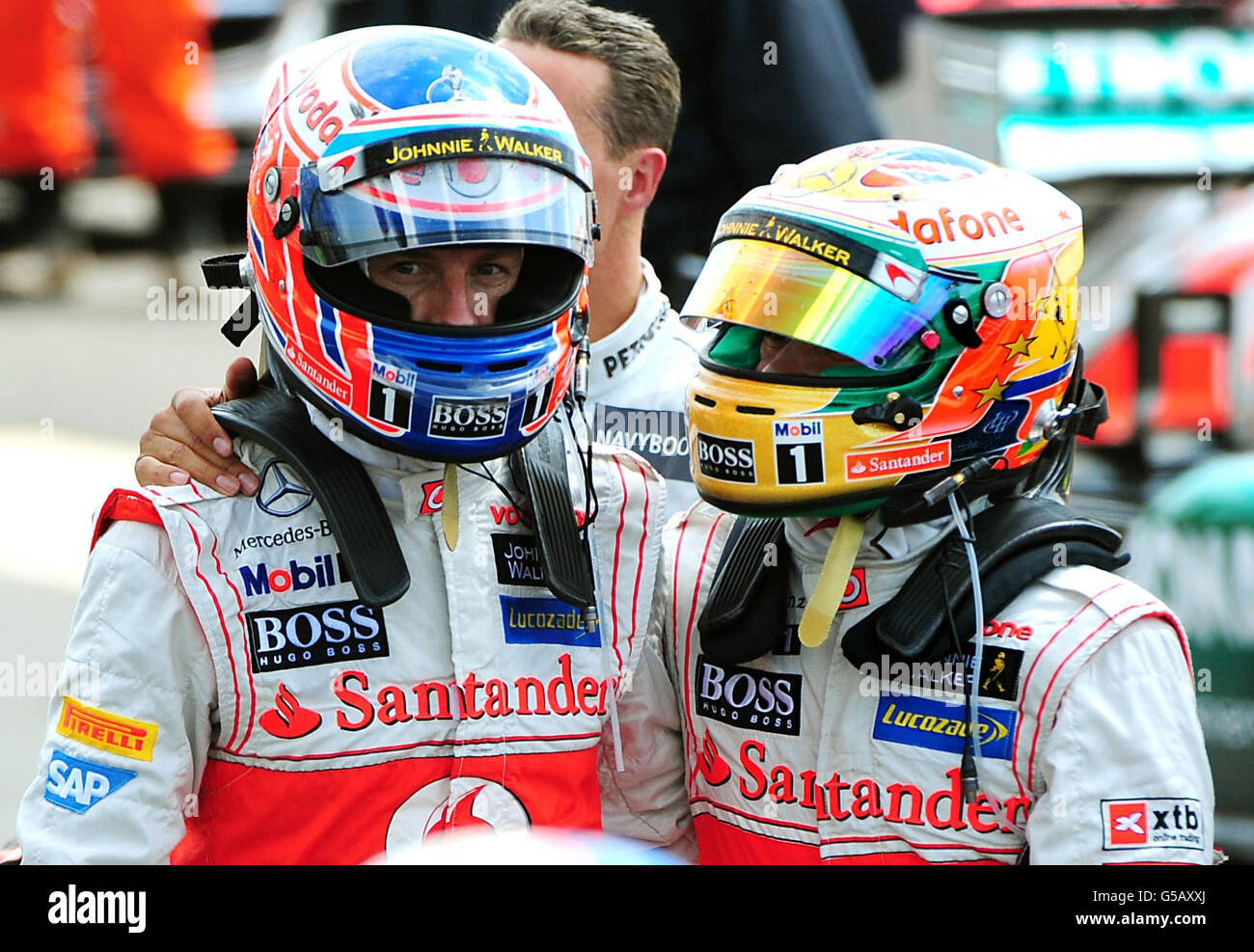 Vodafone McLaren Mercedes Jenson Button (left) and Lewis Hamilton ...
