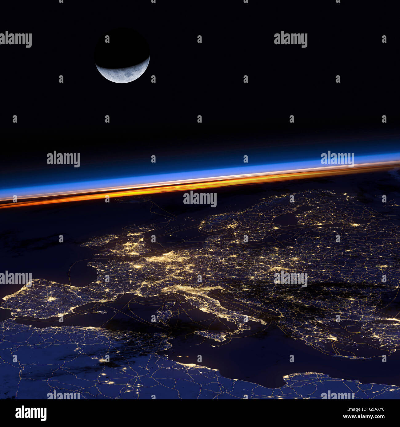 Night over Europe with halfmoon Stock Photo - Alamy