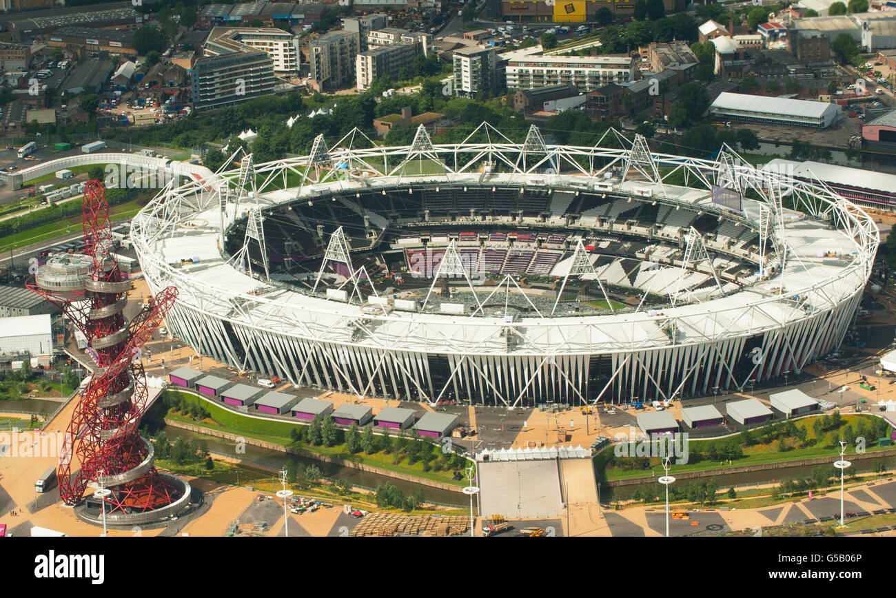 Aerial view of the Olympic Park, in Stratford, east London, showing the Olympic Stadium and the ...
