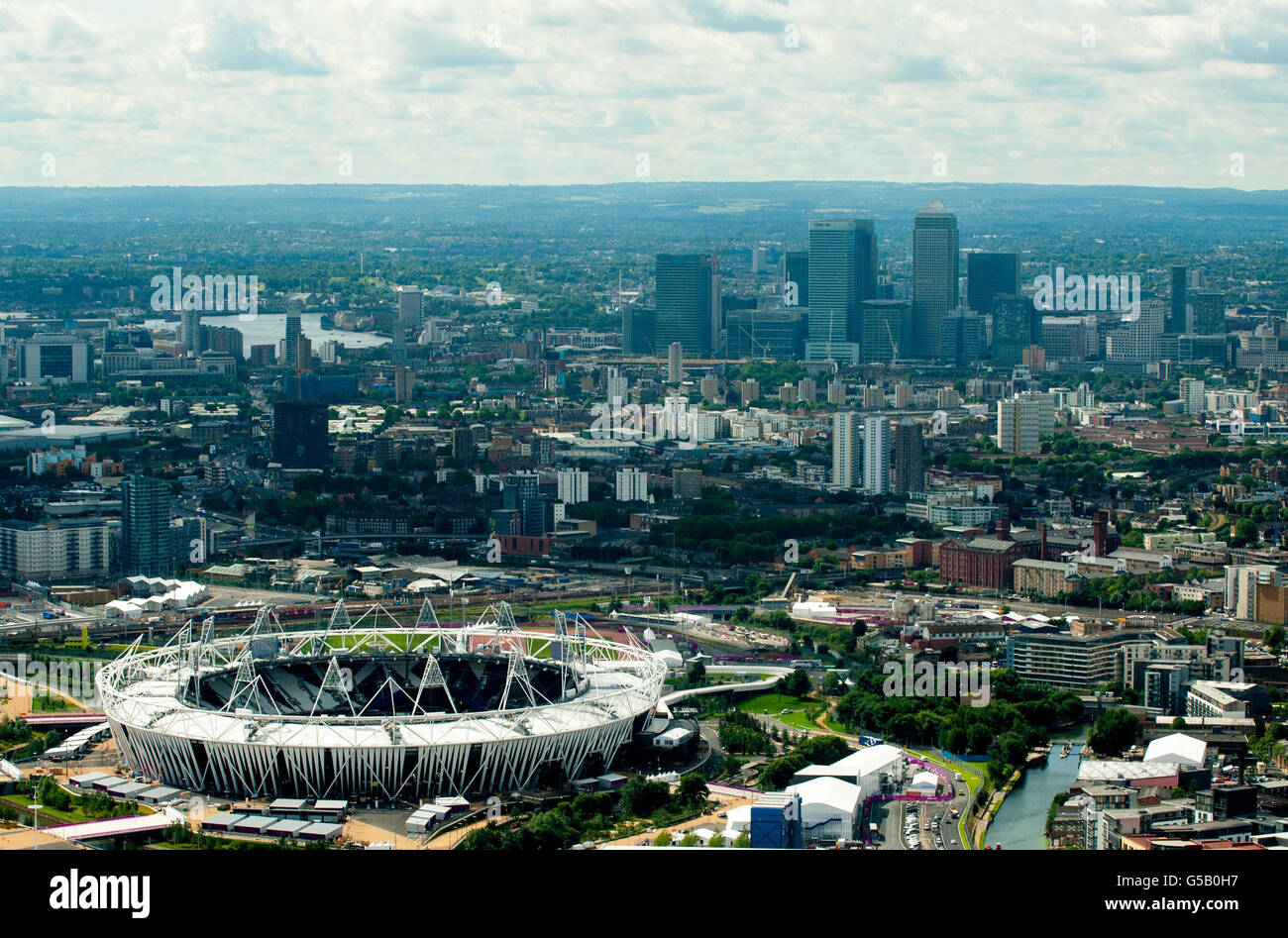 Aerial view of the Olympic Park, in Stratford, east London, showing the ...