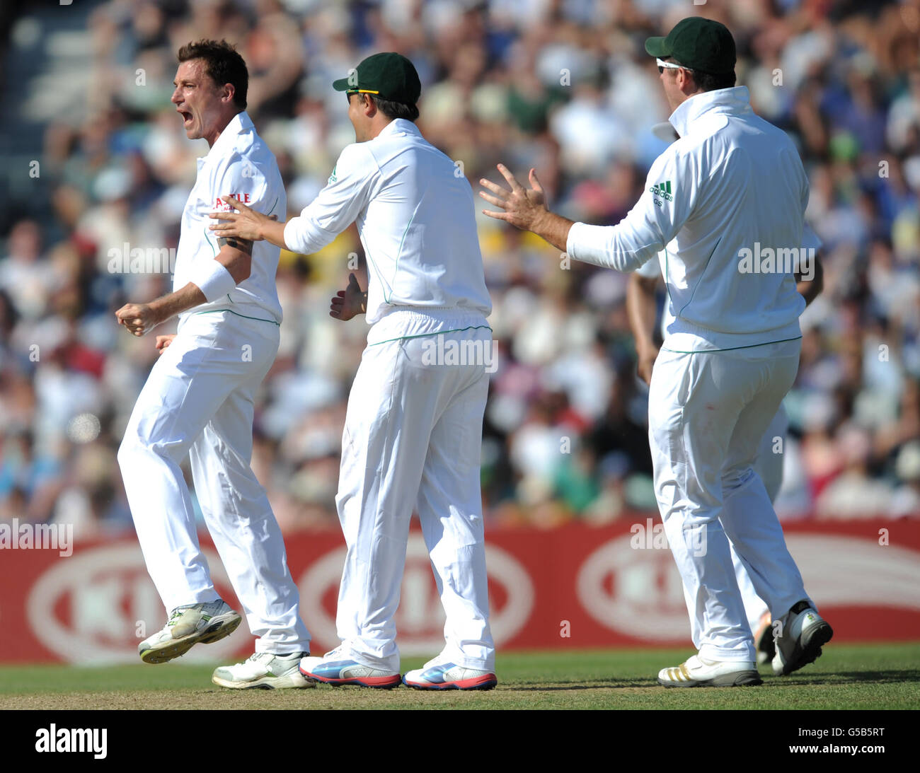 South Africa's Dale Steyn (left) celebrates the wicket of England's ...