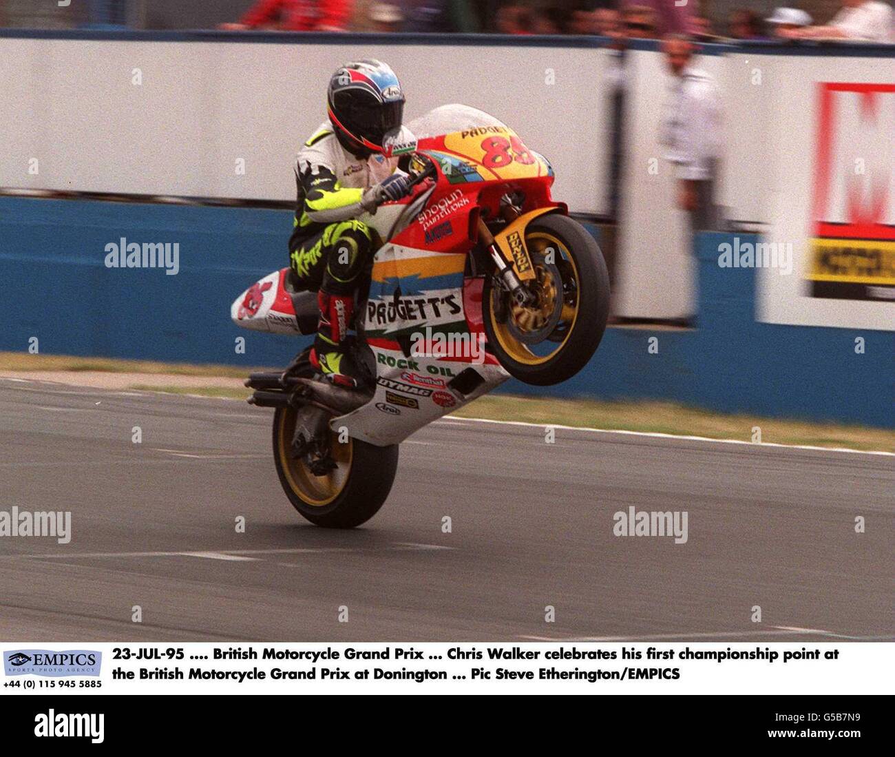 23-JUL-95, British Motorcycle Grand Prix, Chris Walker celebrates his ...