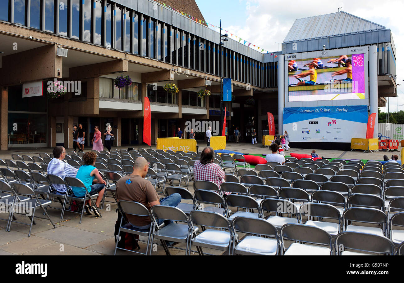 London Olympic Games - Day 1. Giant screen at Market Square, Derby ...