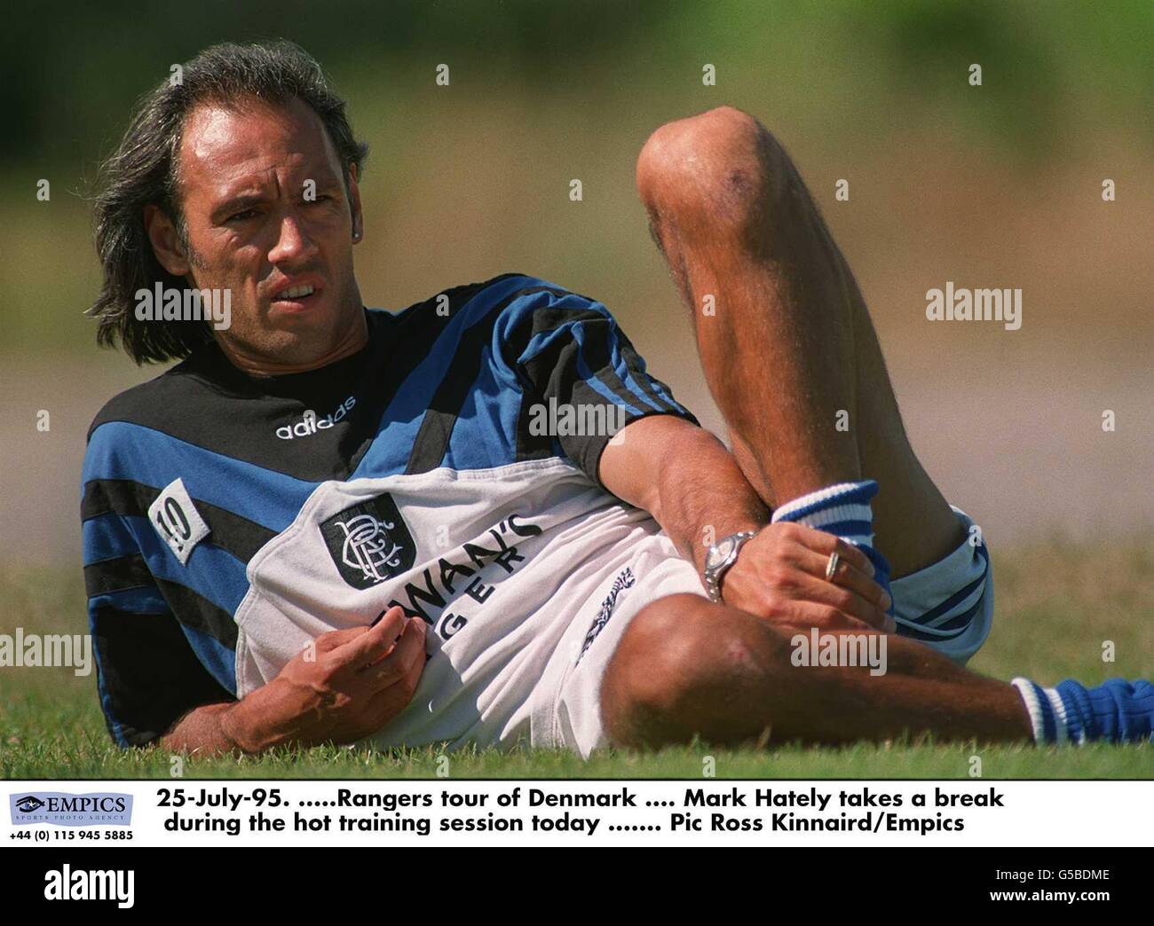 25-July-95, Rangers tour of Denmark, Mark Hateley takes a break during ...