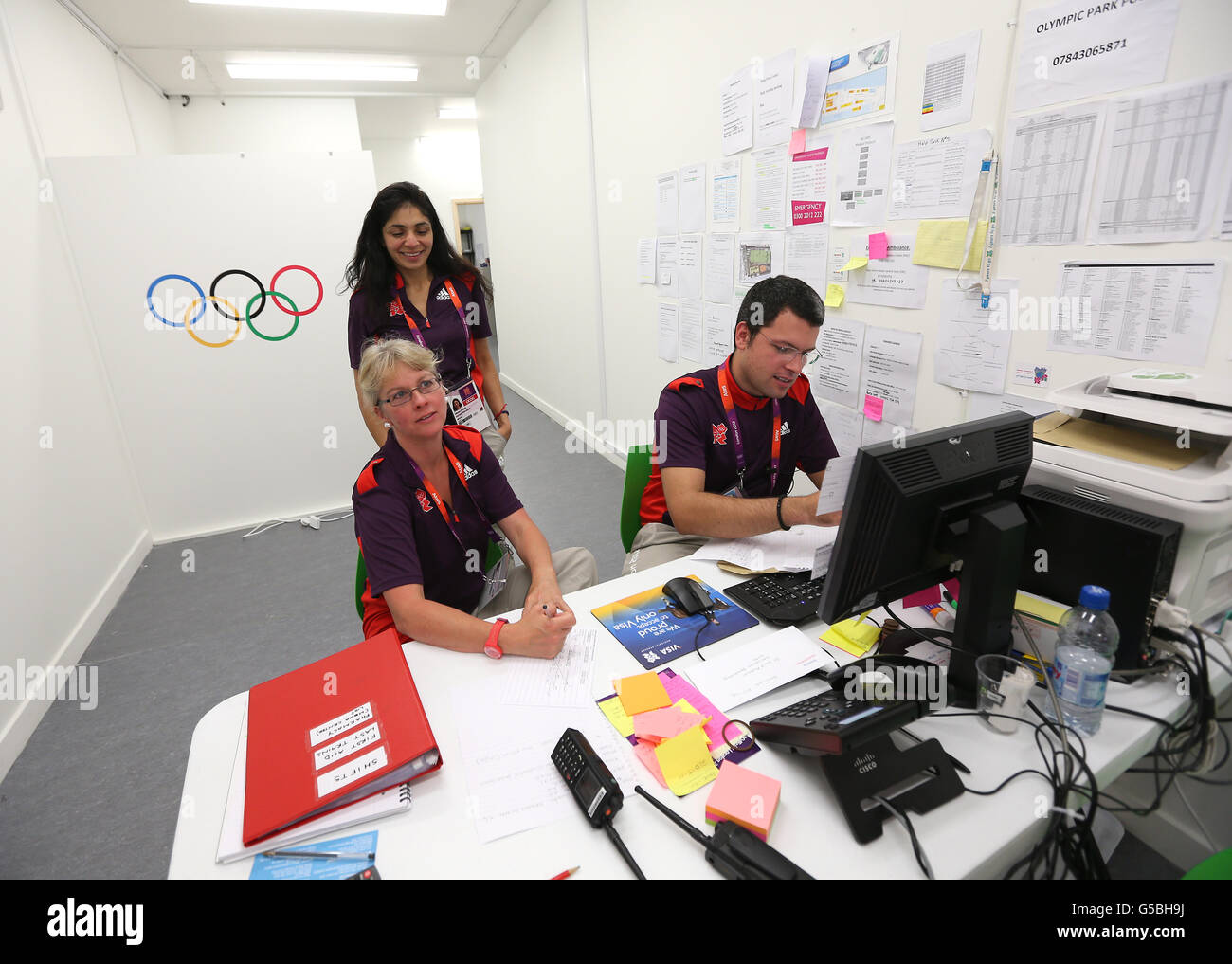Staff at the media medical centre at the olympic park hi-res stock ...