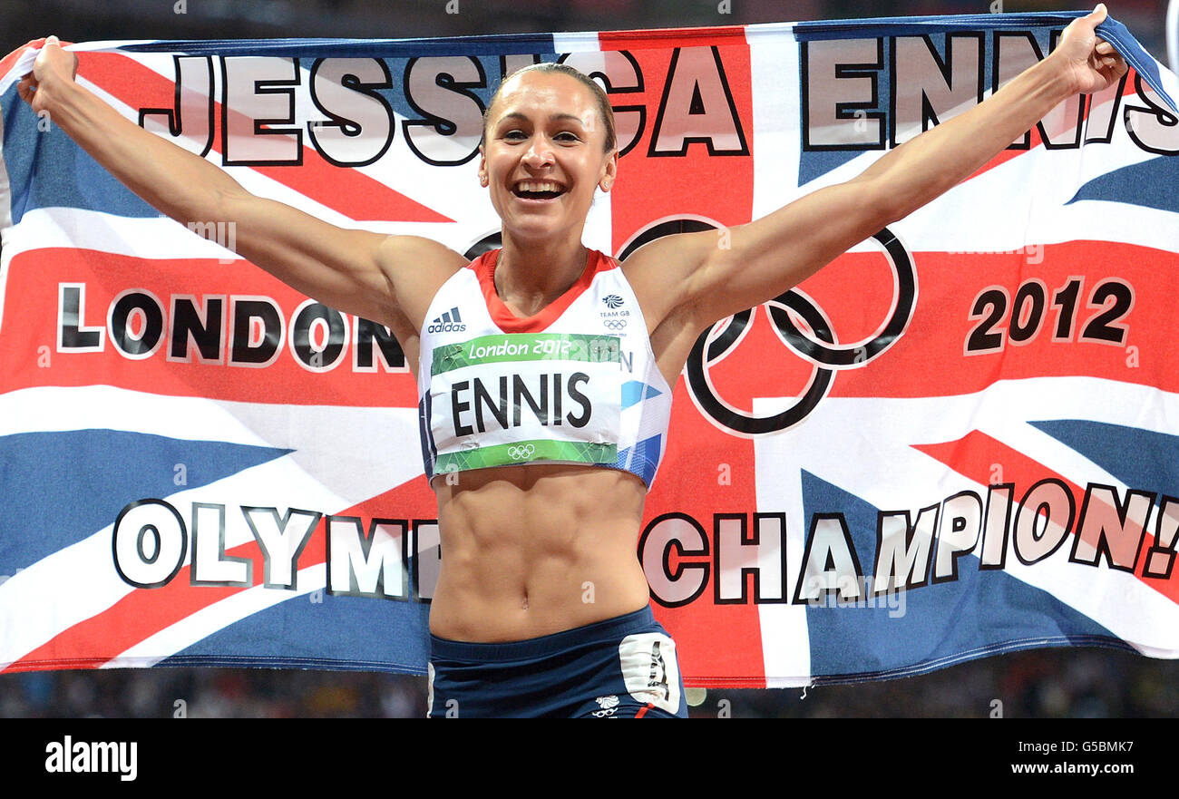 Great Britain's Jessica Ennis celebrates winning the Heptathlon, after ...
