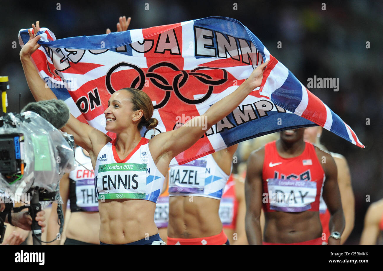 Great Britain's Jessica Ennis celebrates winning the Heptathlon, after ...