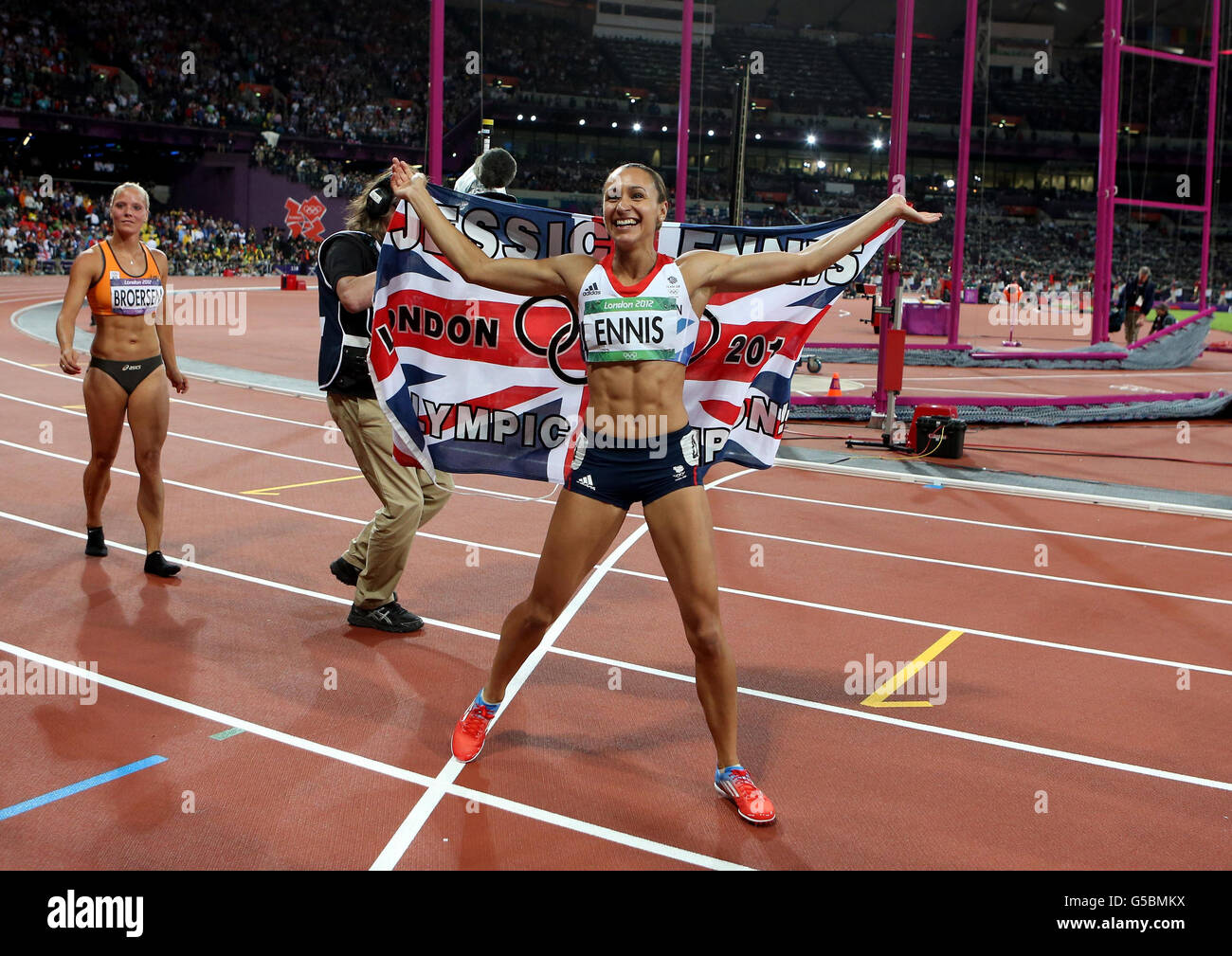 Great Britain's Jessica Ennis celebrates winning the Heptathlon, after ...