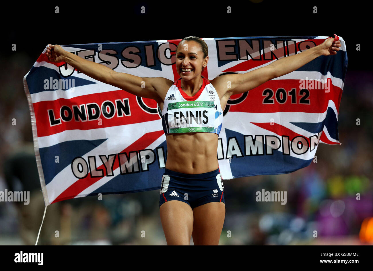 Great Britain's Jessica Ennis celebrates her victory in the Heptathlon ...