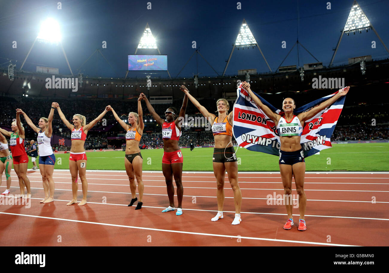 Great Britain's Jessica Ennis celebrates winning the Heptathlon, after ...