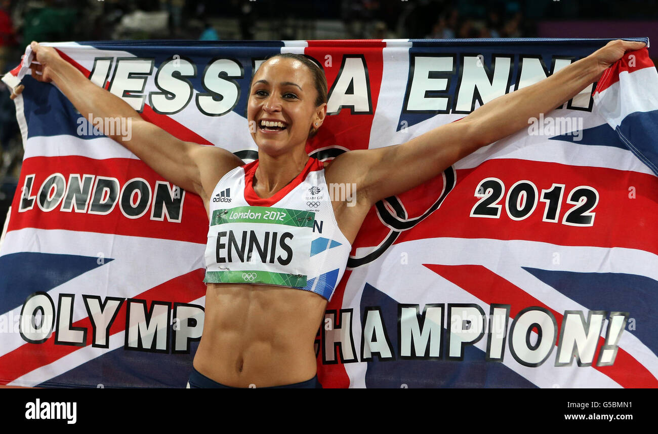 Great Britain's Jessica Ennis celebrates winning the Heptathlon, after ...