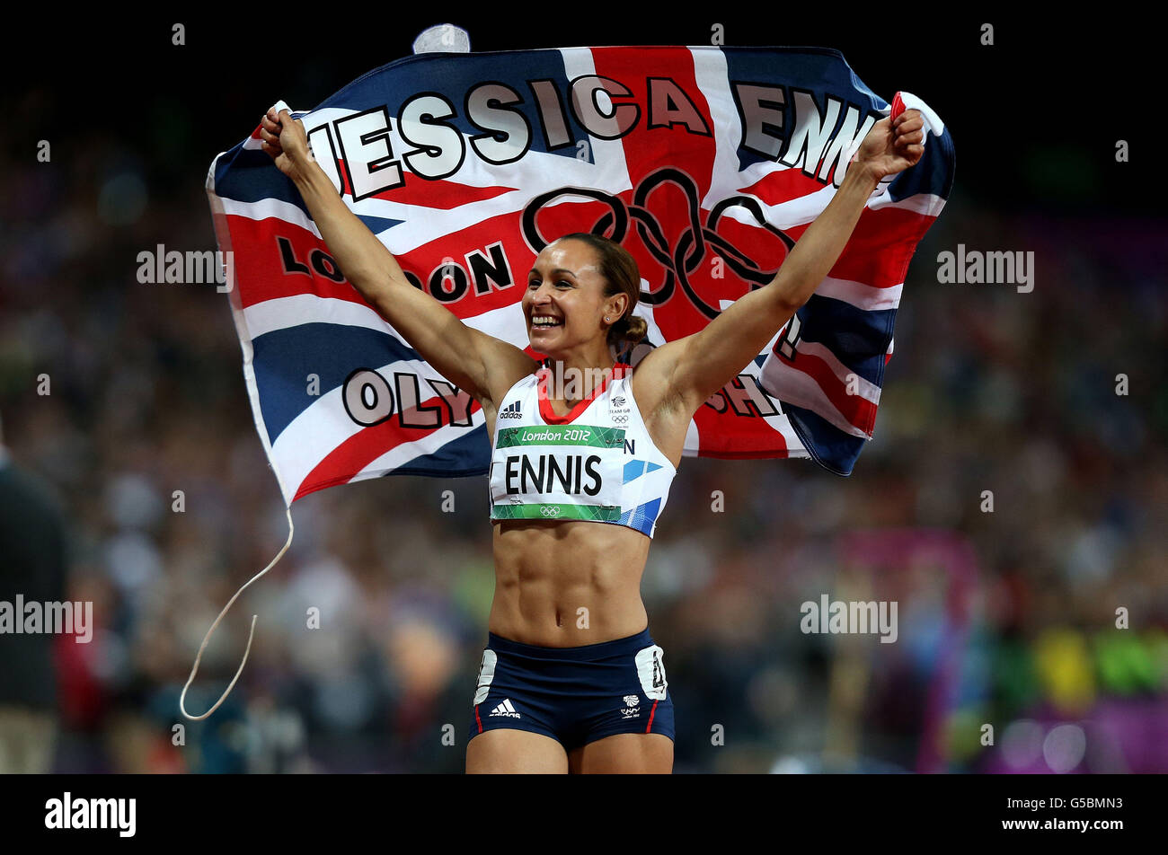 Great Britain's Jessica Ennis celebrates her victory in the Heptathlon ...