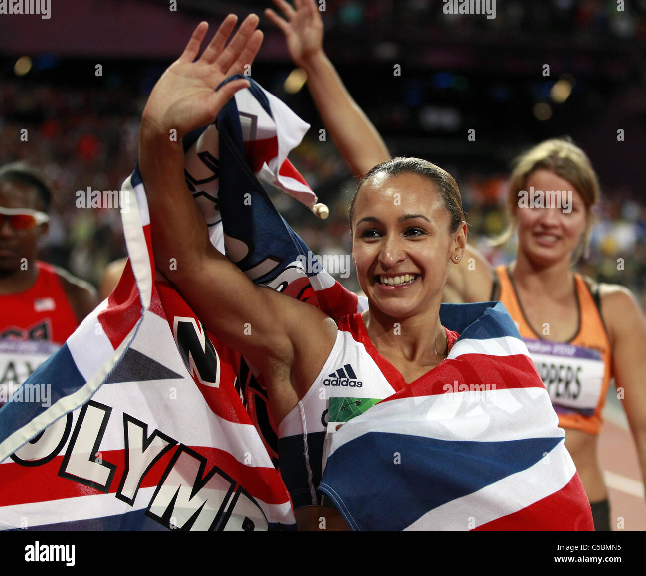 Great Britain's Jessica Ennis celebrates winning the Heptathlon, after ...