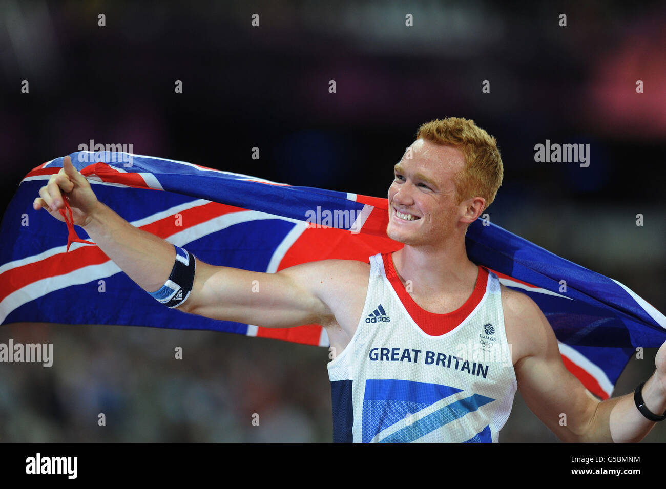 Greg Rutherford celebrates after winning the Men's Long Jump at the ...