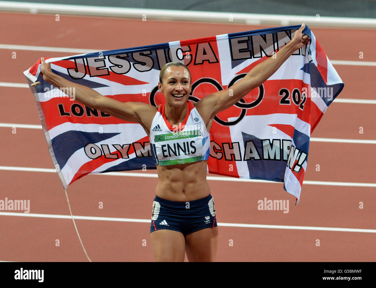 Great Britain's Jessica Ennis celebrates winning the Heptathlon, after ...