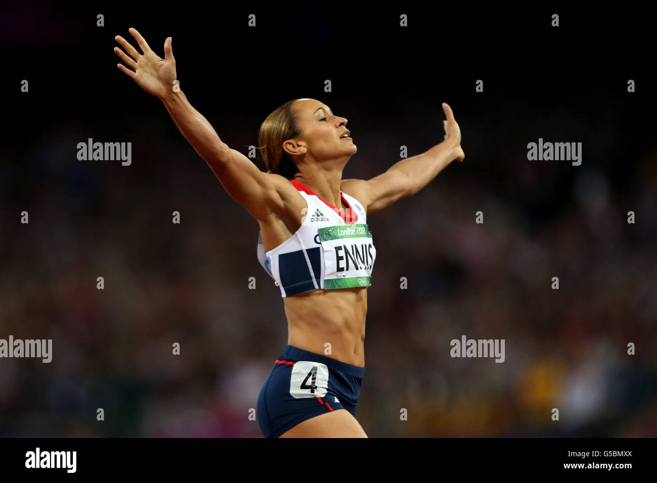 Great Britain's Jessica Ennis celebrates winning the Heptathlon, after ...