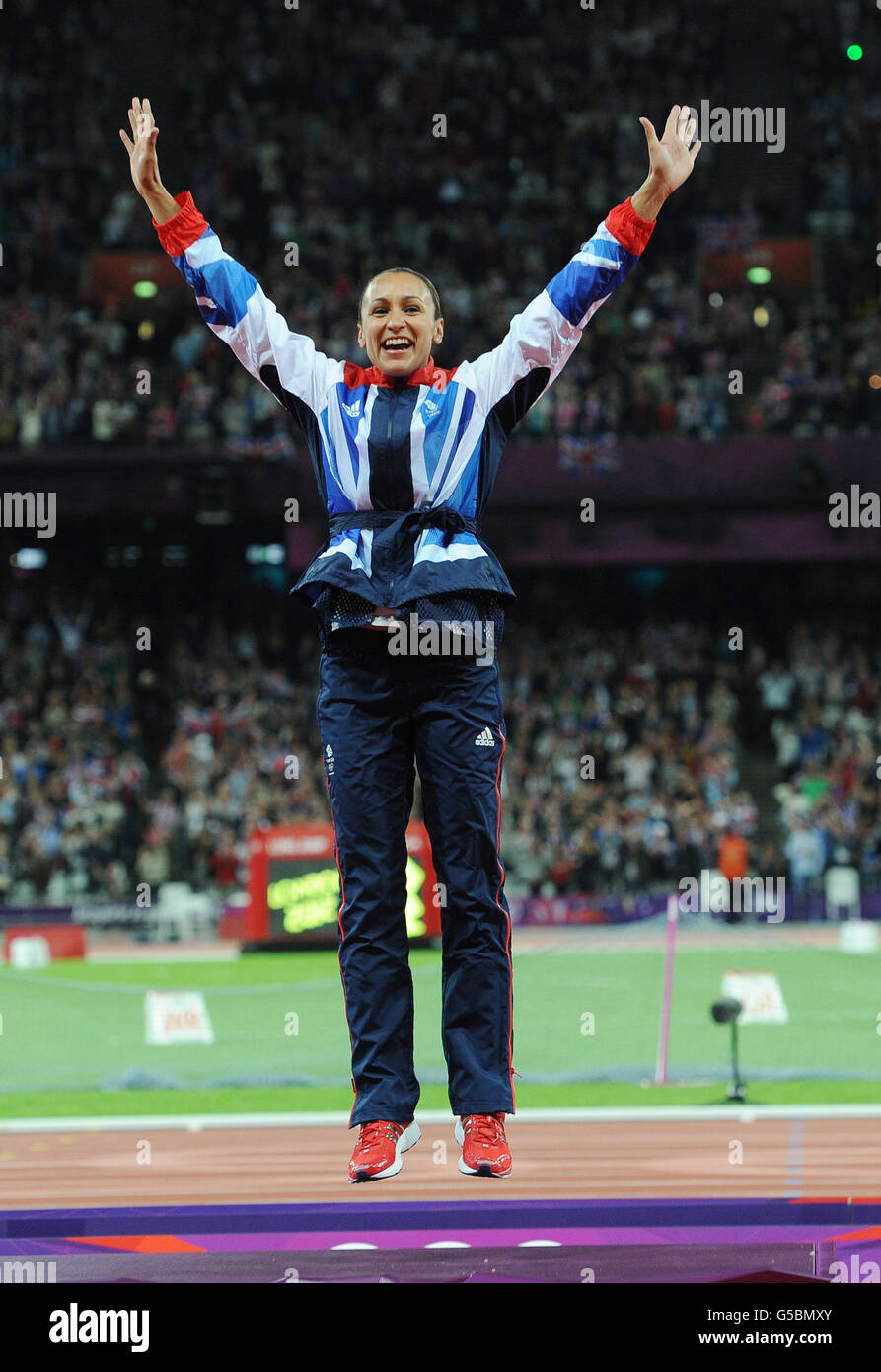 Great Britain's Jessica Ennis celebrates on the podium after winning ...