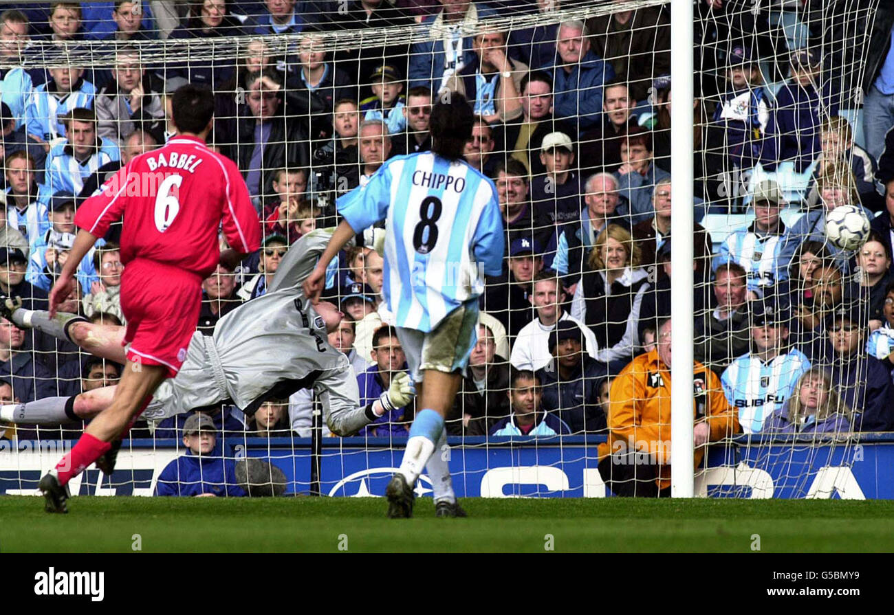 Coventry City's goalkeeper Chris Kirkland is beaten as Liverpool's Gary ...