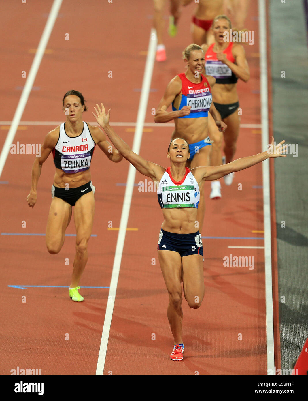 Great Britain's Jessica Ennis celebrates winning the Heptathlon, after ...