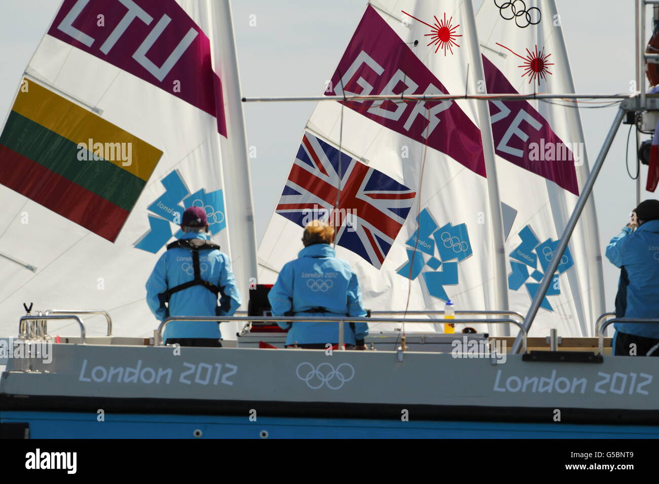 London Olympic Games - Day 10. The Laser Radial fleet Medal Race gets underway watched by race ...