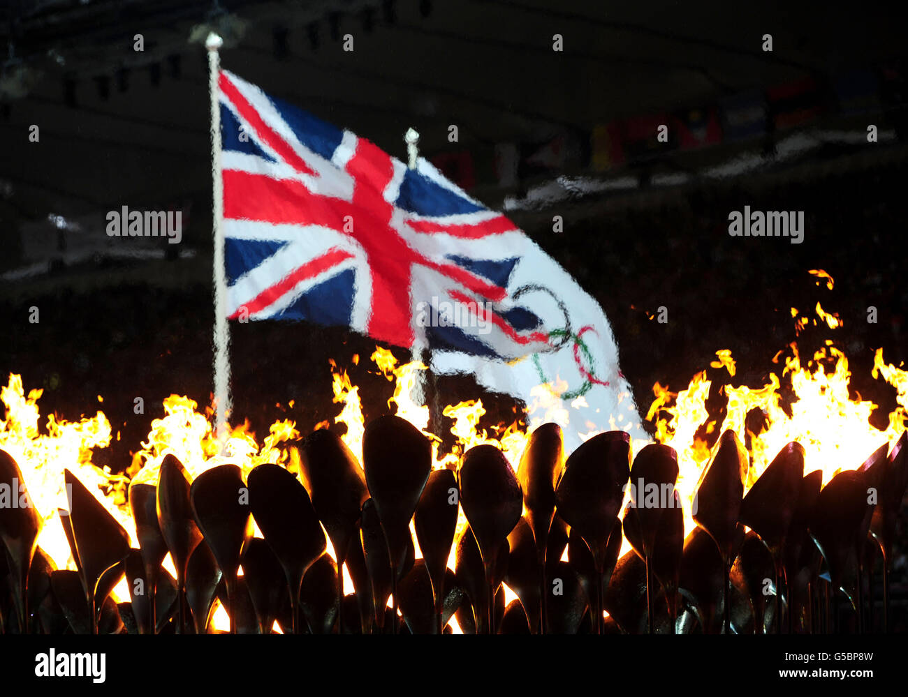 London Olympic Games - Day 10. The Union Jack Flag and Olympic Rings ...