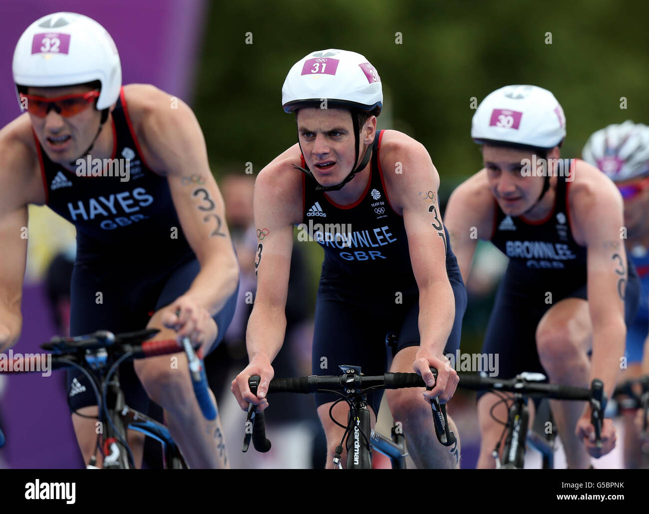 Great Britain's Stuart Hayes (left), Alistair Brownlee (centre) and ...