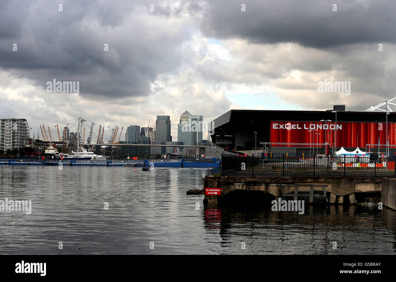London 2012 venue the ExCel Arena with Canary Wharf in the background ...