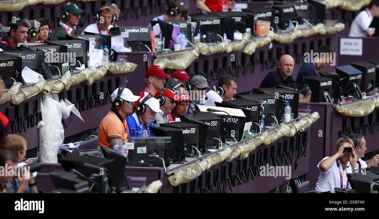 A general view of the media tribune at the Olympic Stadium for day 13 ...