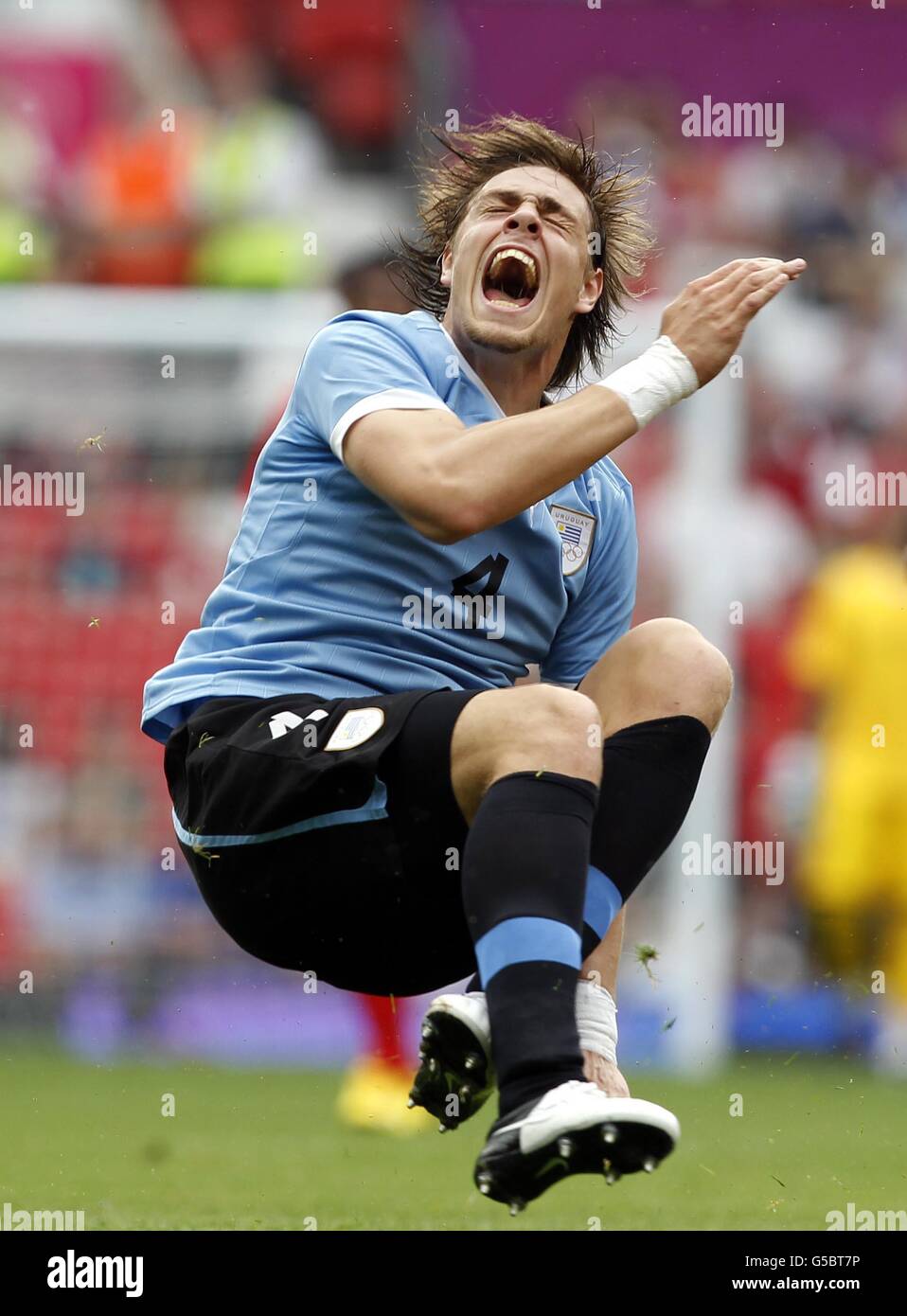 Uruguay's Sebastian Coates reacts after a challenge during the UAE v ...