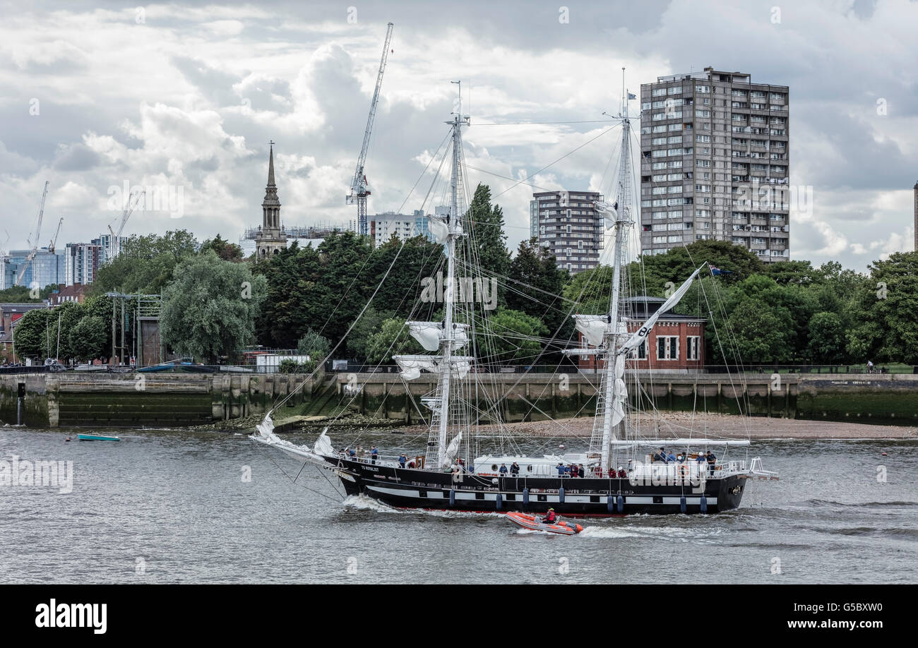 Royal Navy Royalist training tall sailing ship on the River Thames in ...