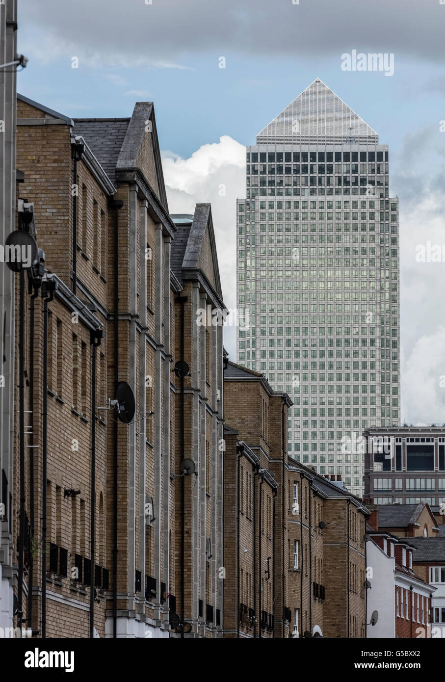 Buildings in Rotherhithe South London with Canary Wharf in the distance ...