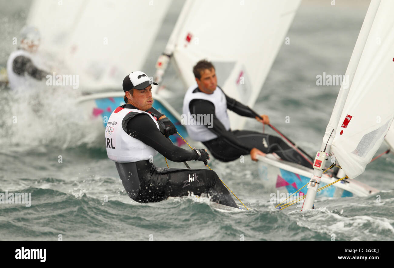 Ireland's James Espey heads to the weather mark while racing his Laser ...