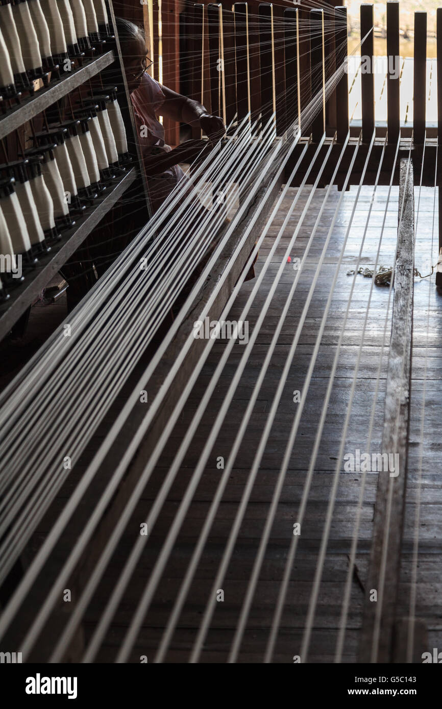 Weaving lotus fibers in workshop, Lake Inle, Myanmar Stock Photo - Alamy