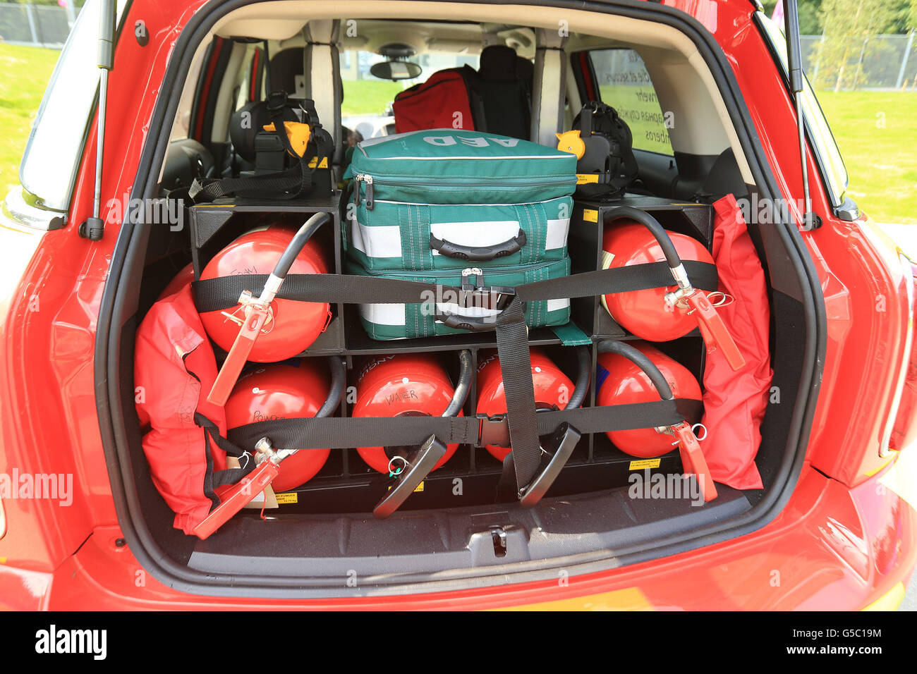 An inside view of London Fire Brigade mini's outside the Olympic Park ...