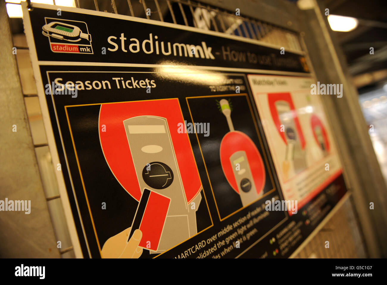 View of the ticket barrier signage inside the stadium:mk Stock Photo ...
