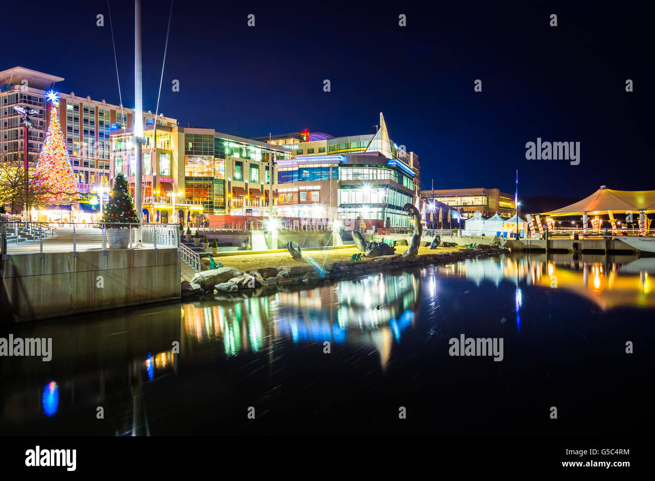 Buildings along the Potomac River waterfront at night, in National ...