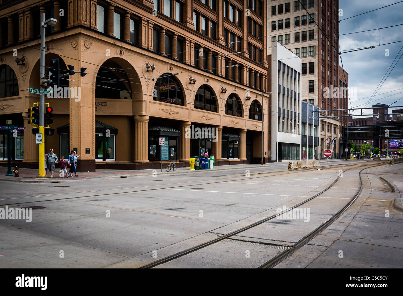 Light rail tracks and buildings in downtown Minneapolis, Minnesota ...