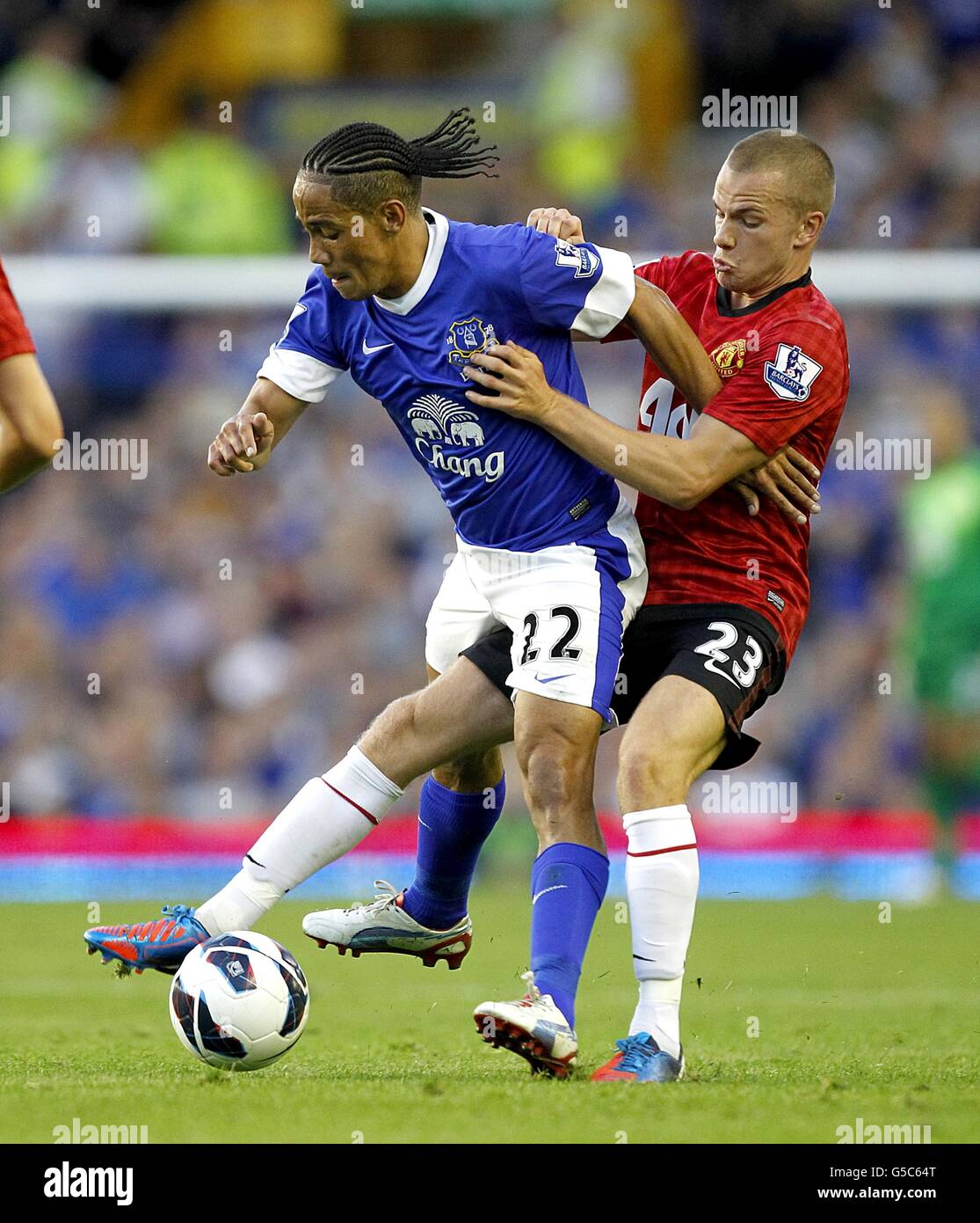 Everton's Steven Pienaar (left) and Manchester United's Tom Cleverley ...
