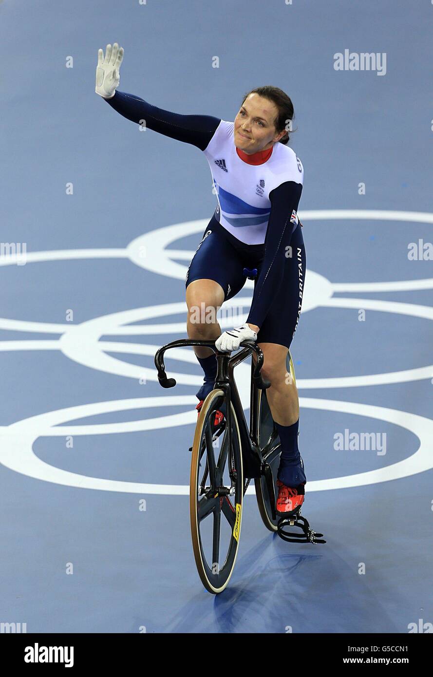 Great Britain's Victoria Pendleton waves to the crowd after winning a ...