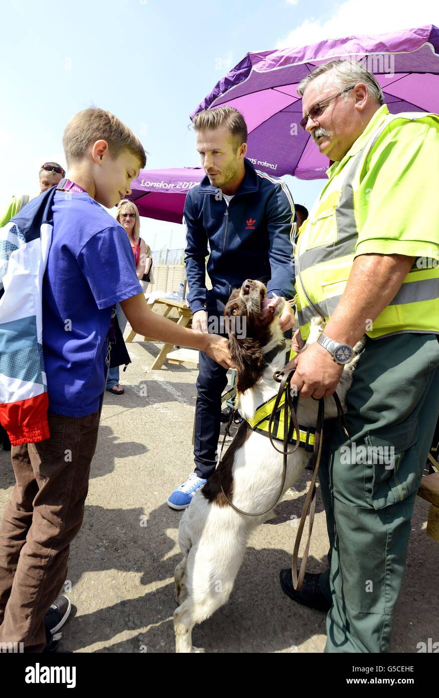 David Beckham and his son Romeo meet a security guard and his sniffer ...