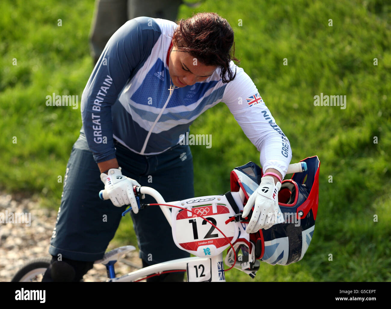 Great Britain's Shanaze Reade is dejected during the Women's BMX final ...
