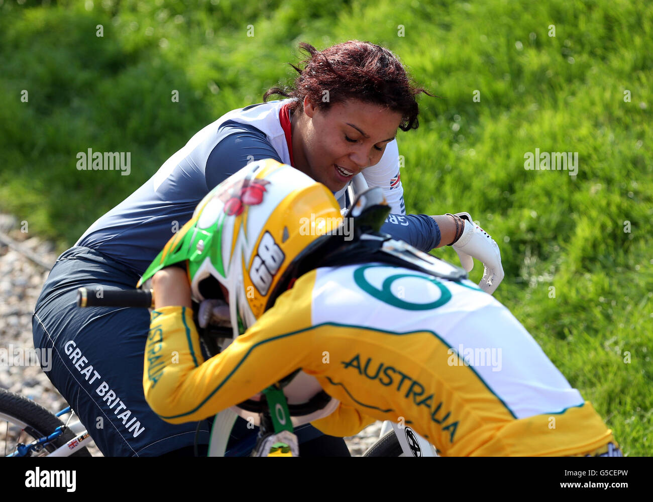 Great Britain's Shanaze Reade is dejected during the Women's BMX final ...
