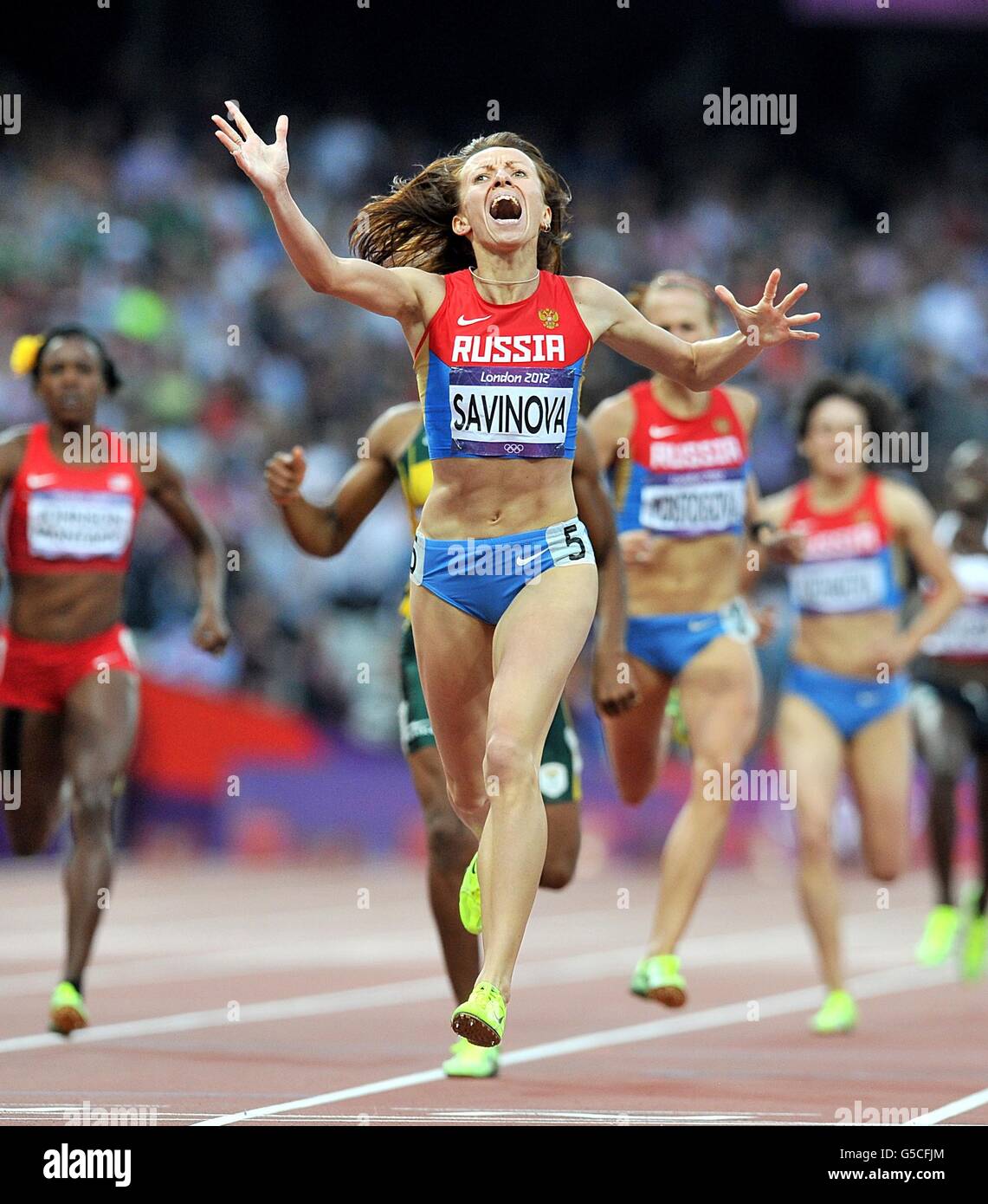 Russia's Mariya Savinova crosses the finish line to win the Women's ...