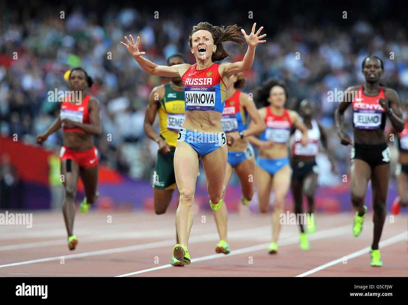 Russia's Mariya Savinova crosses the finish line to win the Women's ...