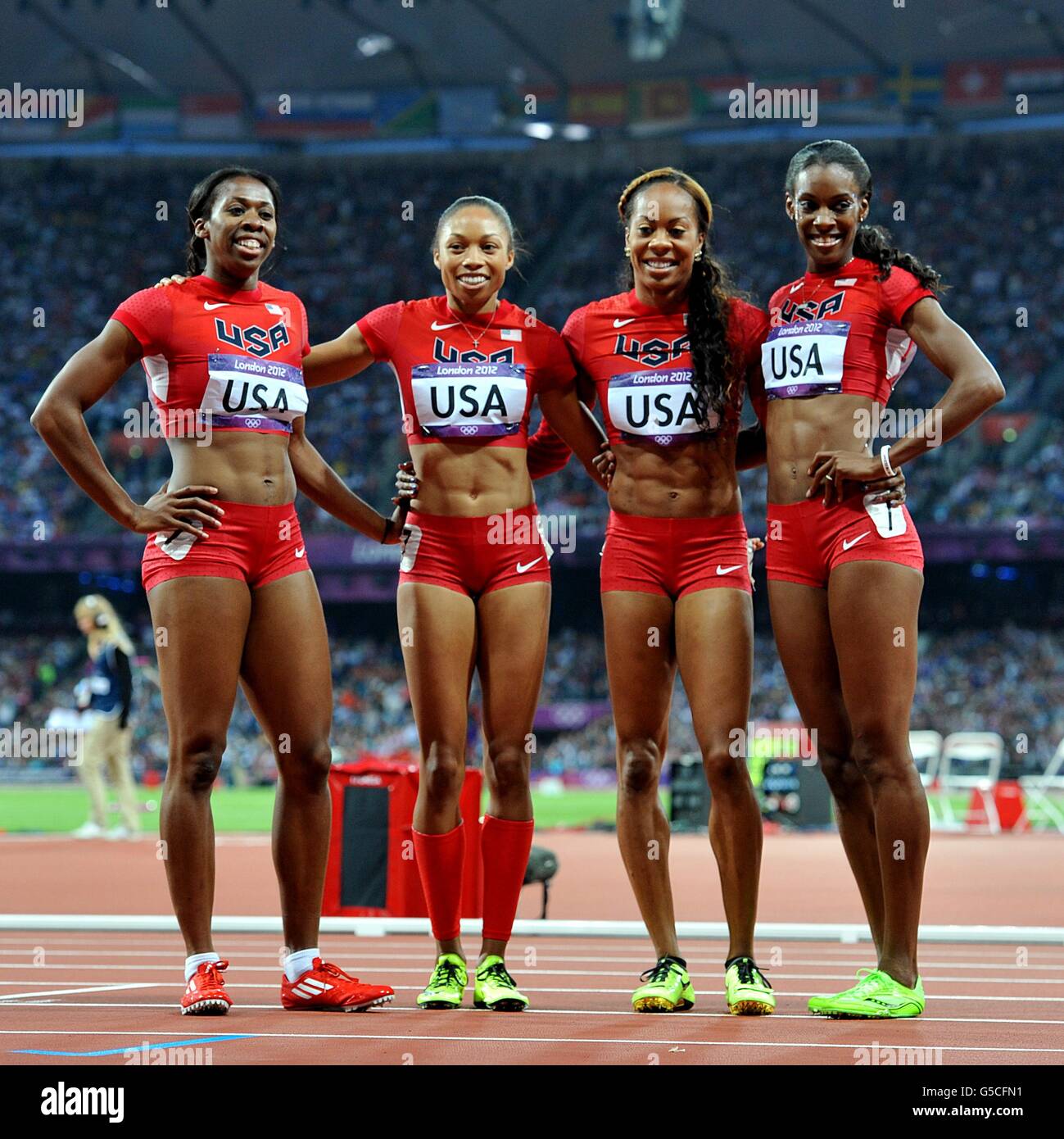 (L-R) USA's Francena McCorory, Allyson Felix, Sanya Richards-Ross and ...