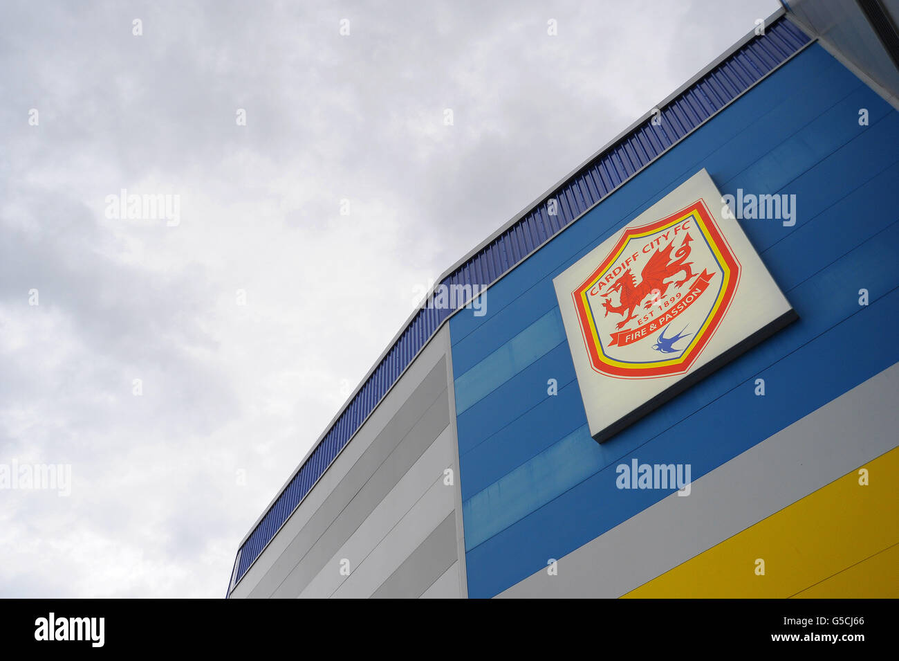 A general view of the club crest on Cardiff City Stadium, Cardiff Stock ...